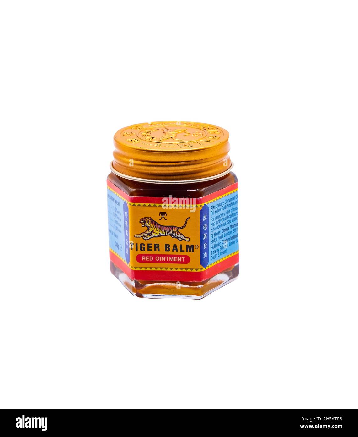 Norwich, Norfolk, UK – November 2021. A glass jar of Tiger Balm muscle ...