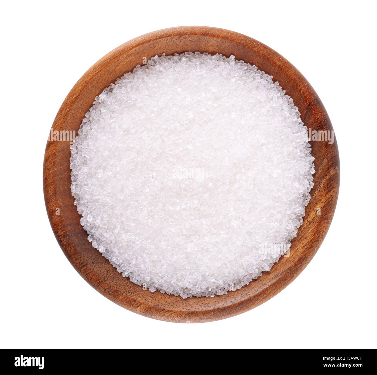 Granulated sugar in wooden bowl, isolated on white background. White ...