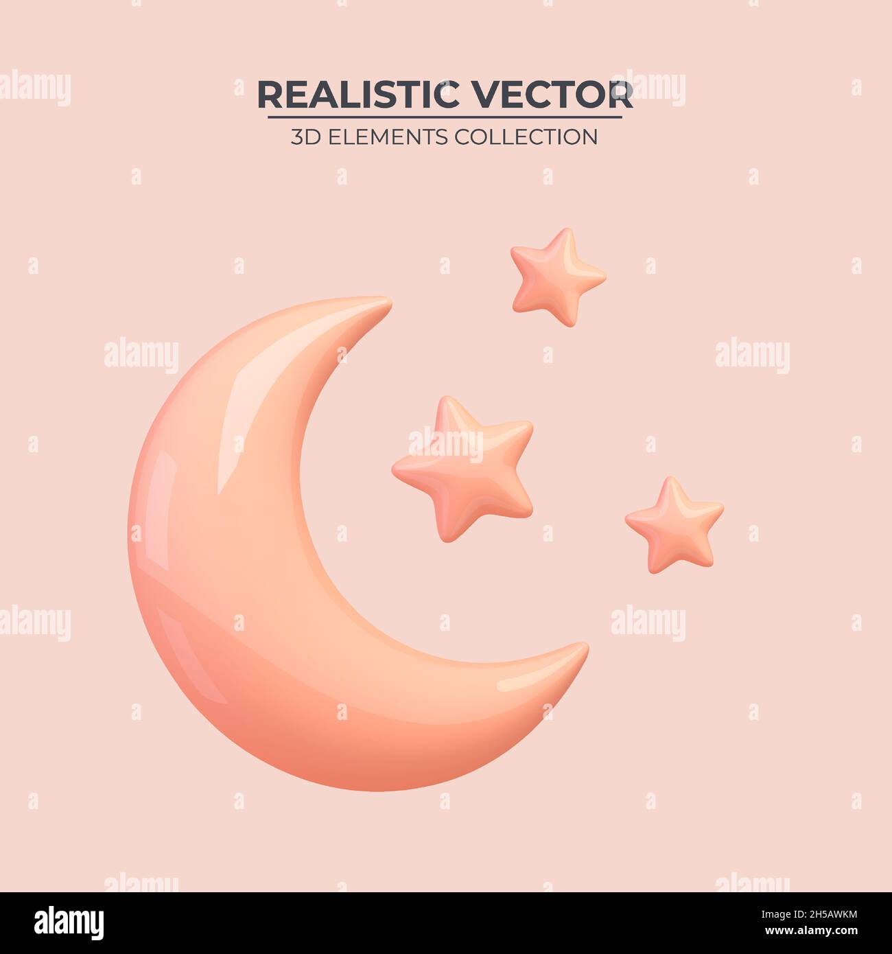 Abstract moon or crescent with stars. Glossy 3d crescent with bright ...