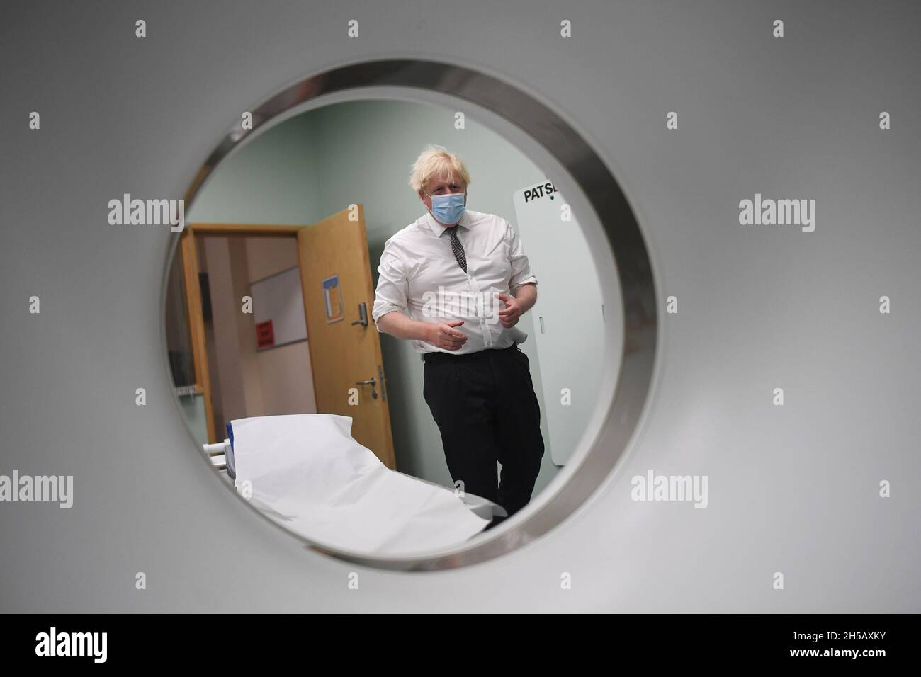 Prime Minister Boris Johnson is shown around a CT scan room during a ...