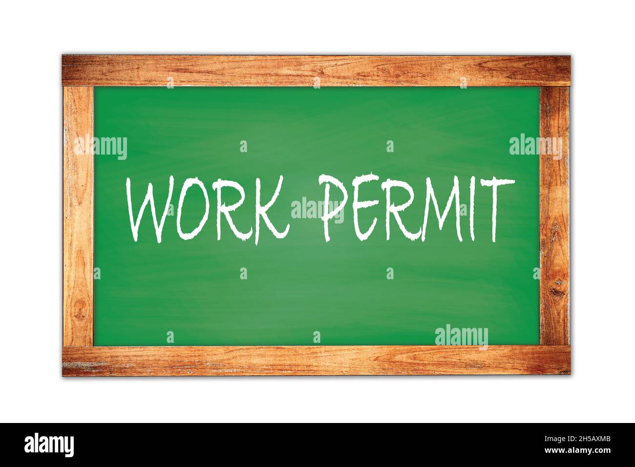WORK PERMIT text written on green wooden frame school blackboard Stock ...