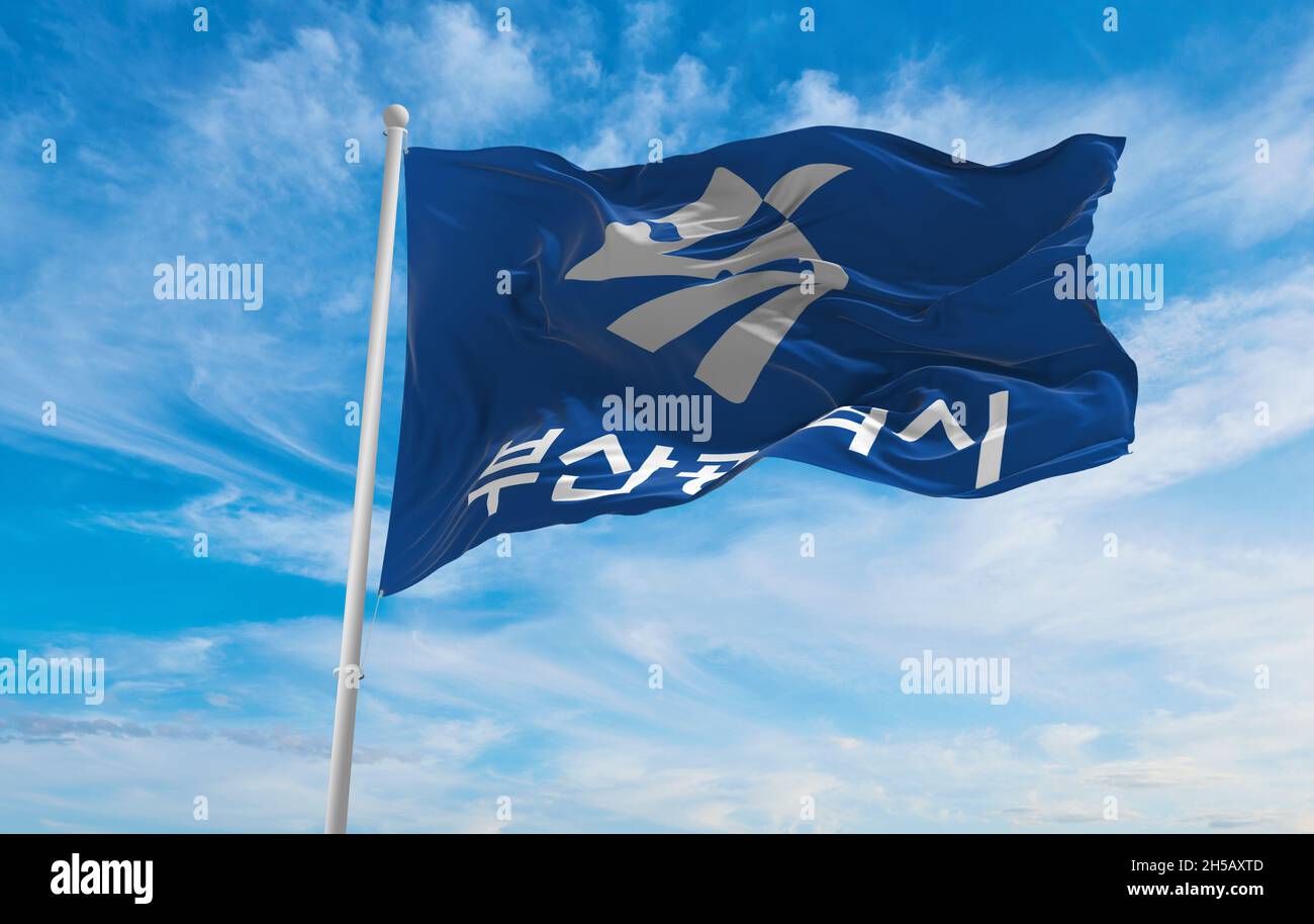 flag of Busan , South Korea at cloudy sky background on sunset ...