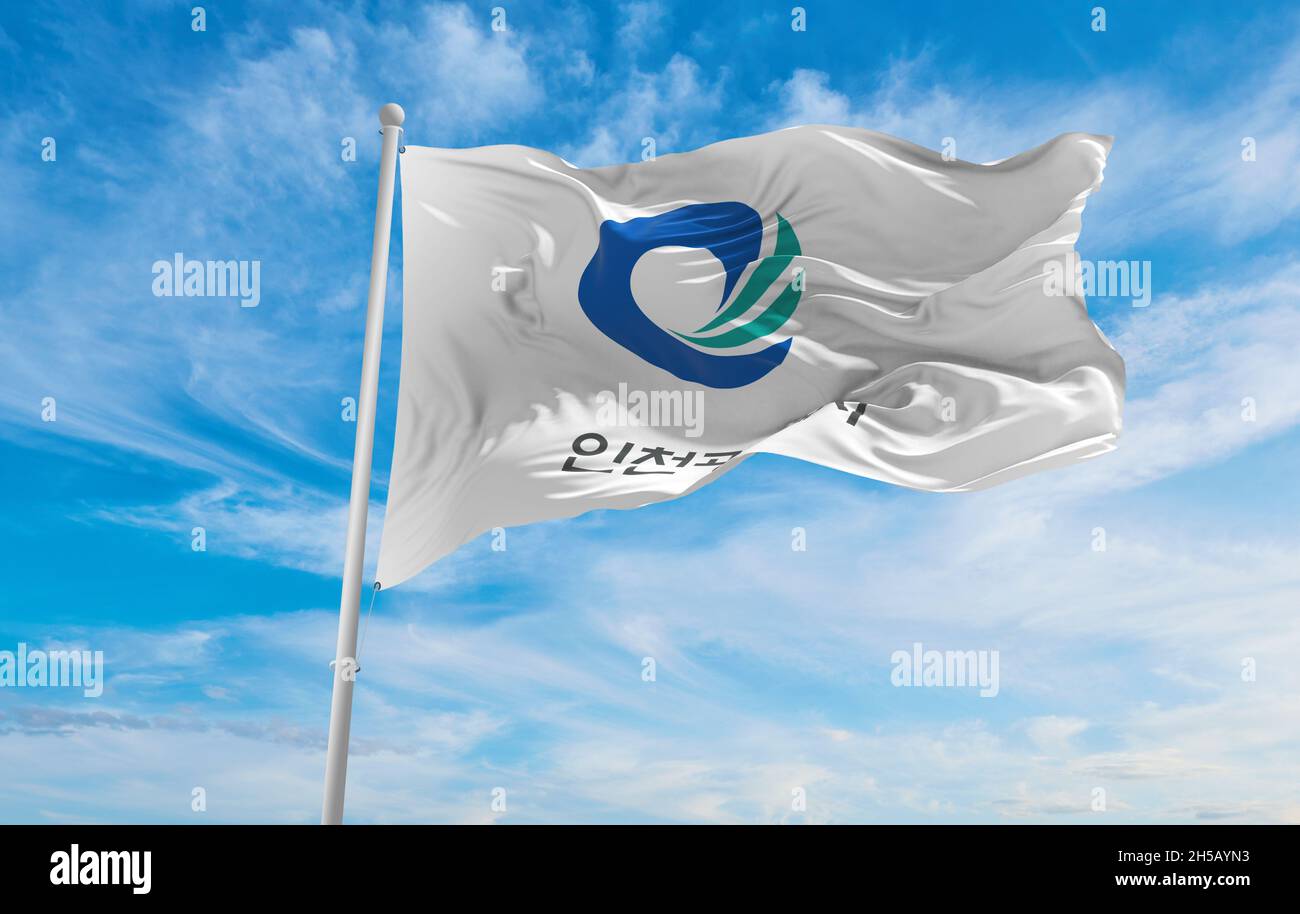 flag of Incheon , South Korea at cloudy sky background on sunset ...