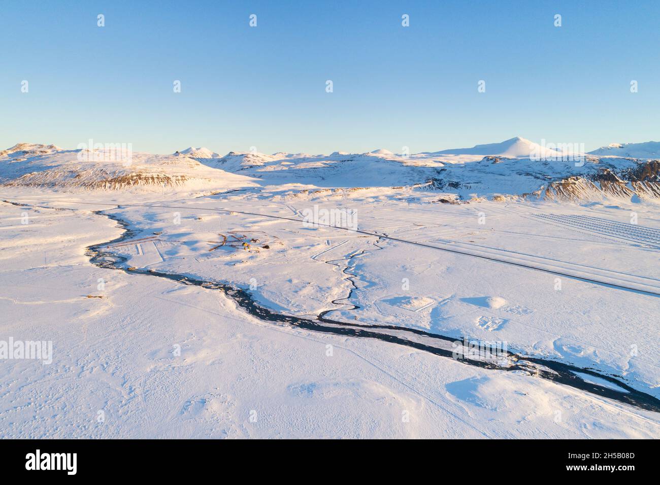 Aerial view in winter of snowy landscape in Snaefellsnes, Vesturland ...