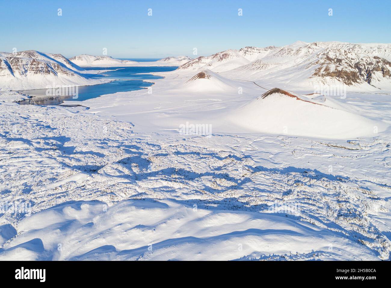 Aerial photo of snowy mountain landscape in northern Snaefellsnes ...