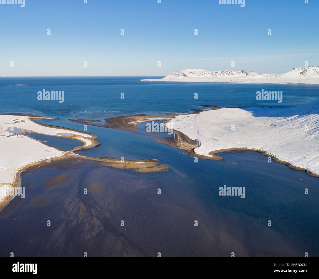 Aerial view of an inlet of the sea in Breidafjordur in Snaefellsnes ...