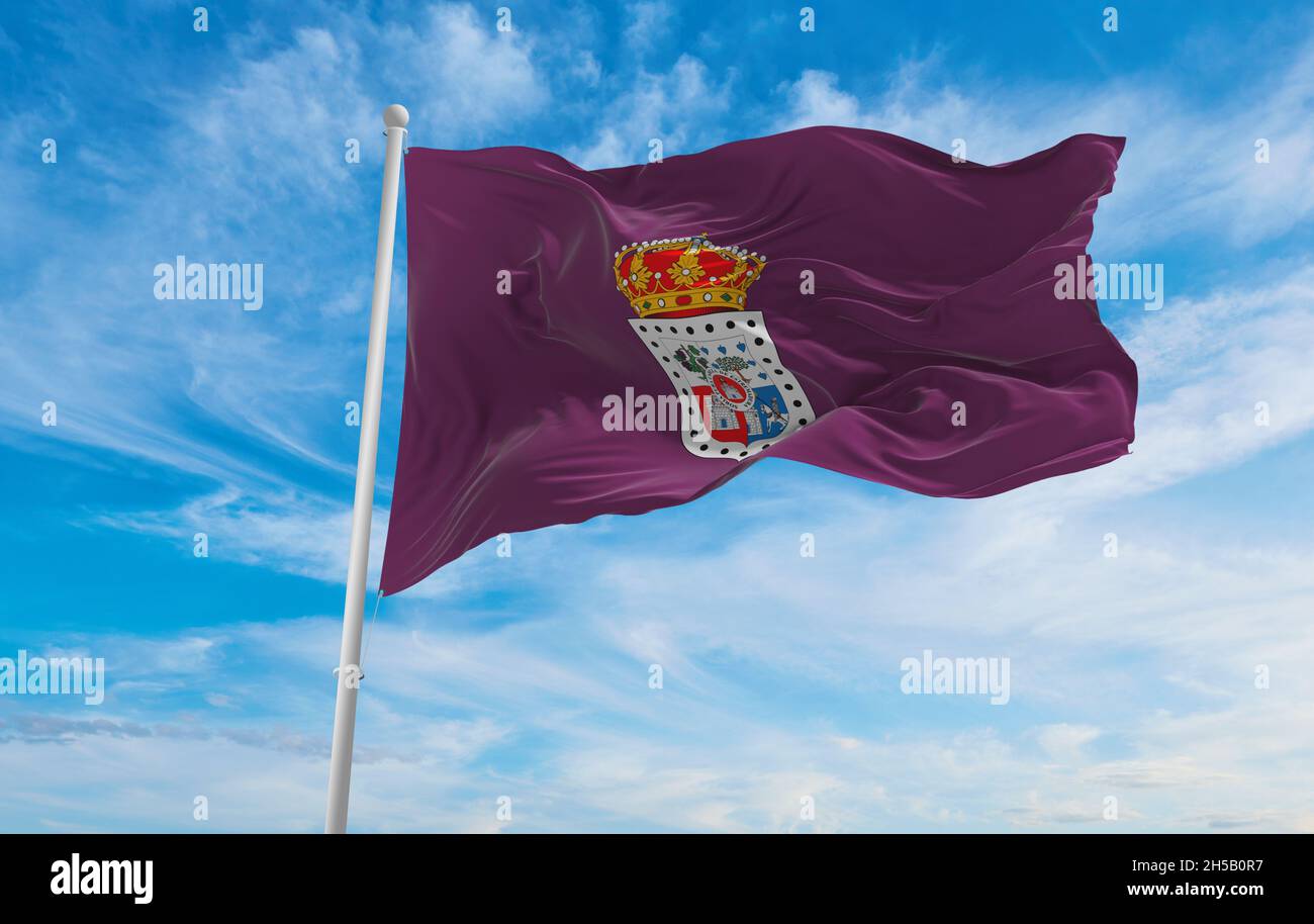 flag of Soria province , Spain at cloudy sky background on sunset ...