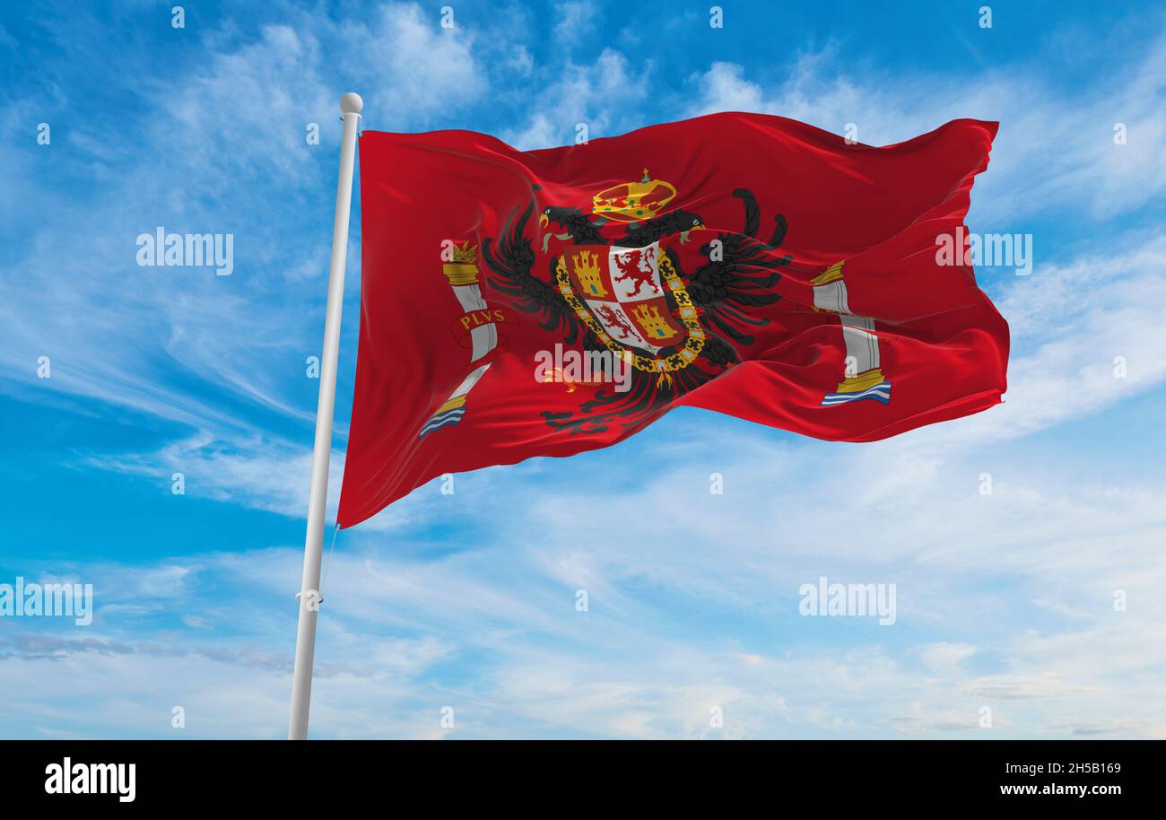 flag of Toledo , Spain at cloudy sky background on sunset, panoramic ...