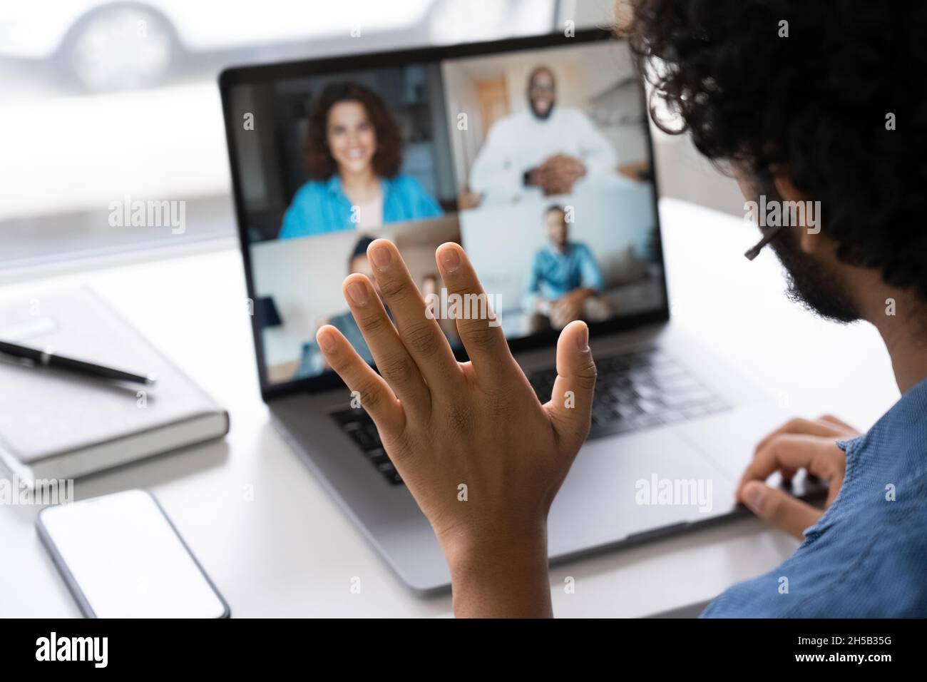 Group video conference business videocall chat on laptop computer ...