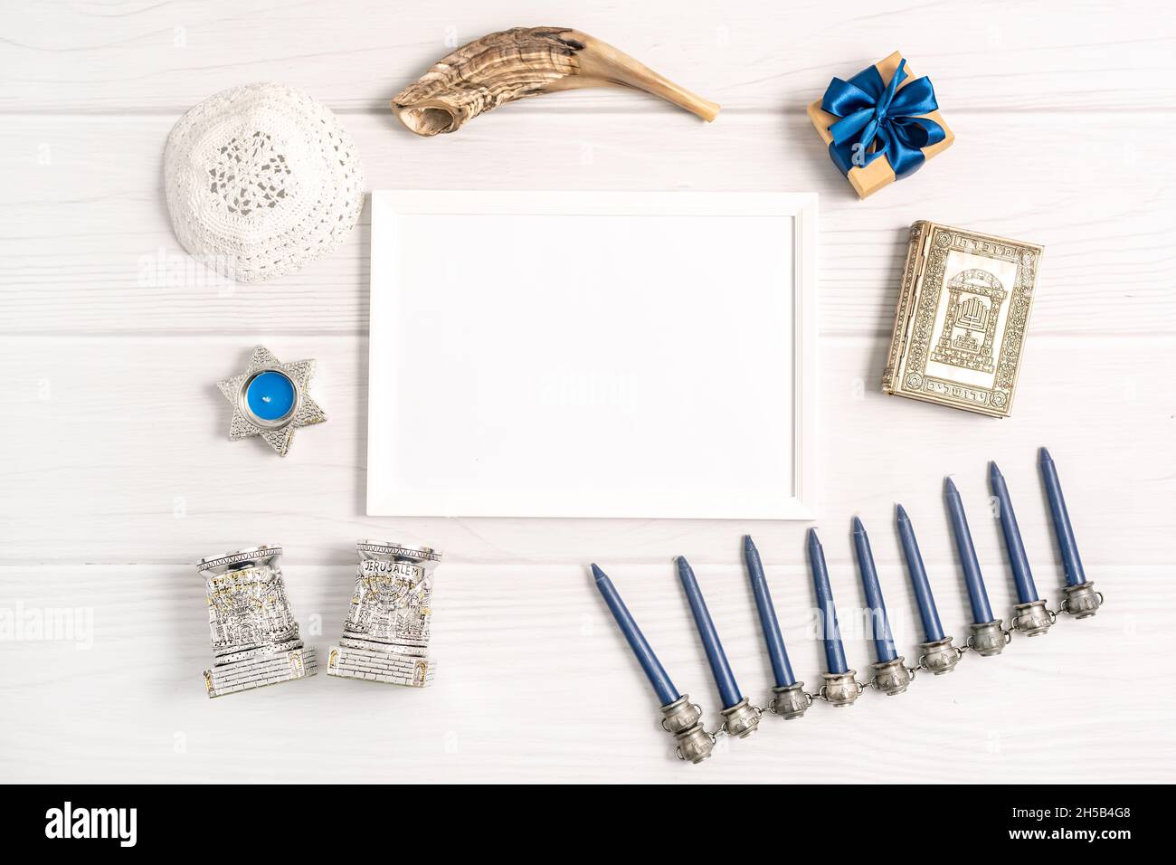 Composition with traditional Jewish items and blank card Stock Photo ...