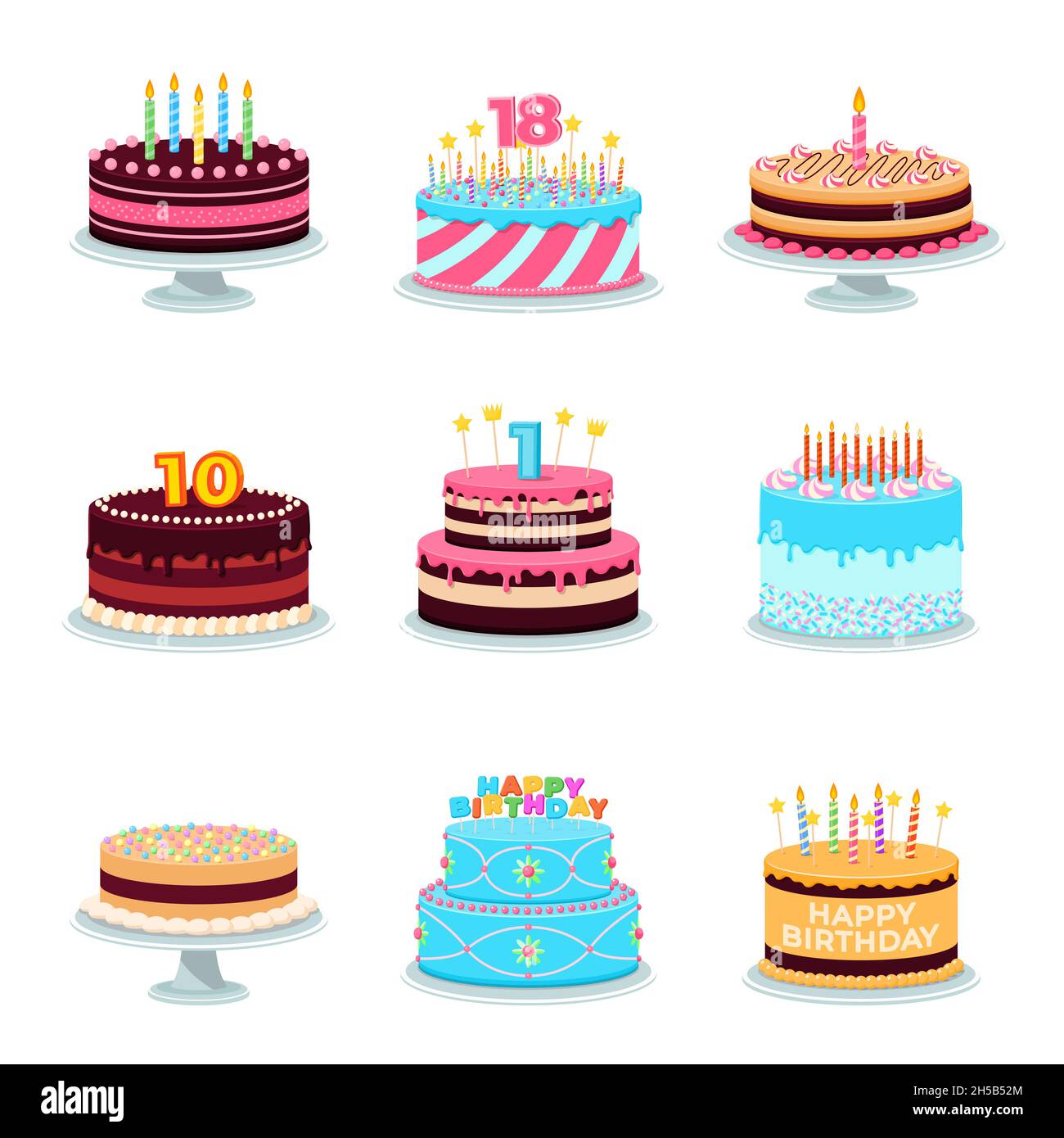 Isolated cartoon cake. Birthday cakes, decorated cute congratulations desserts. Delicious color ...