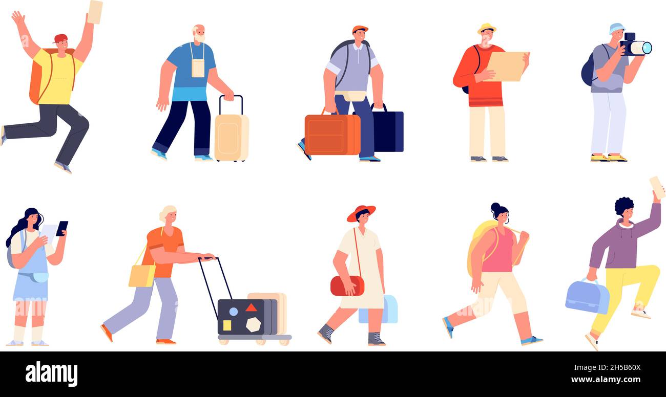 Travel people with luggage. Traveller vacation, family tourist in ...
