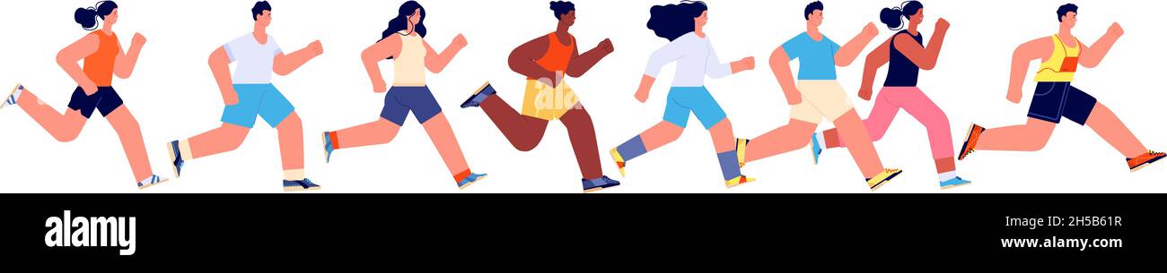 People running marathon. Woman jogging summer, sport athletes or runner ...