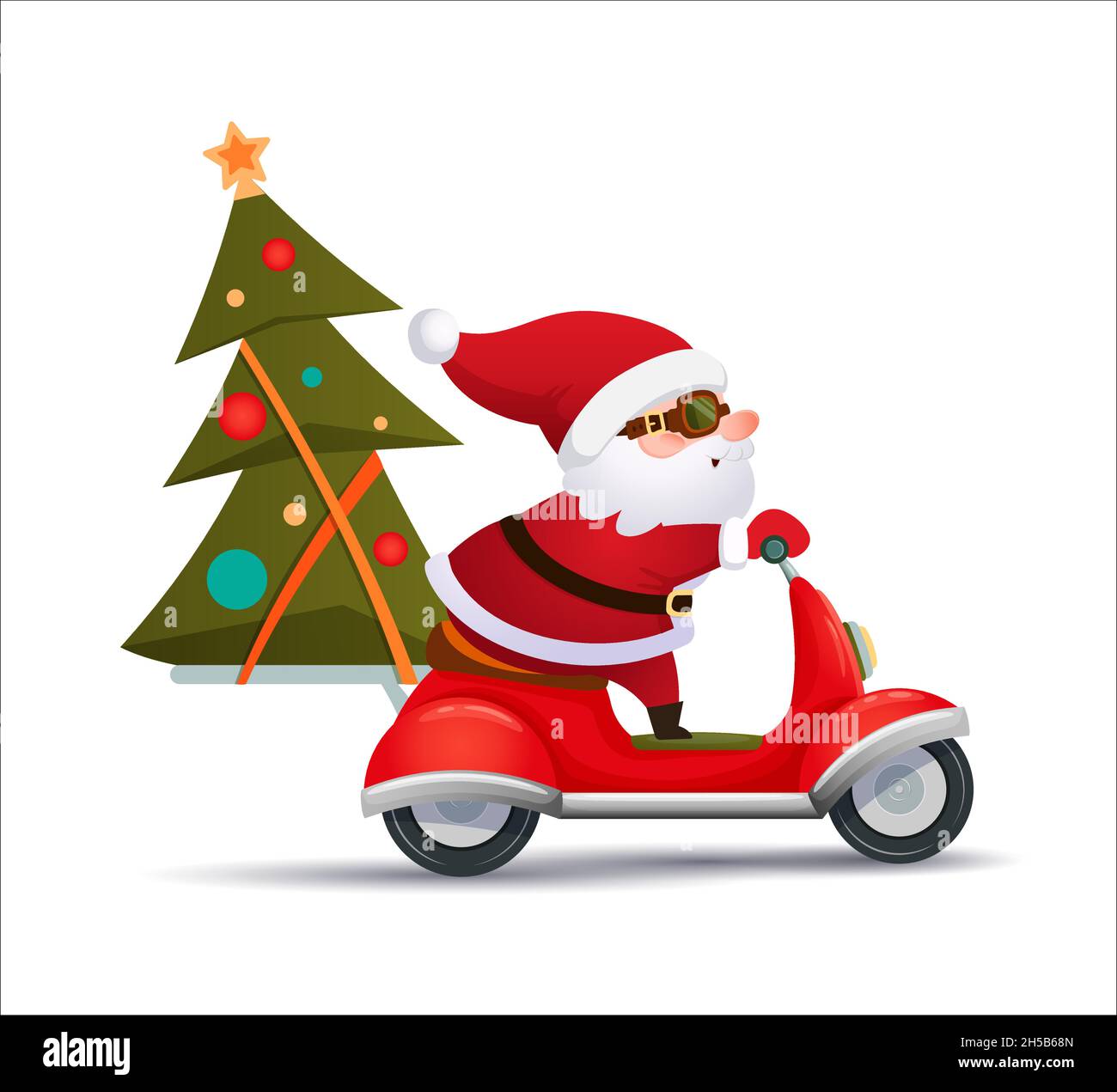 Santa Claus is carrying a Christmas tree on a red scooter. Vector ...