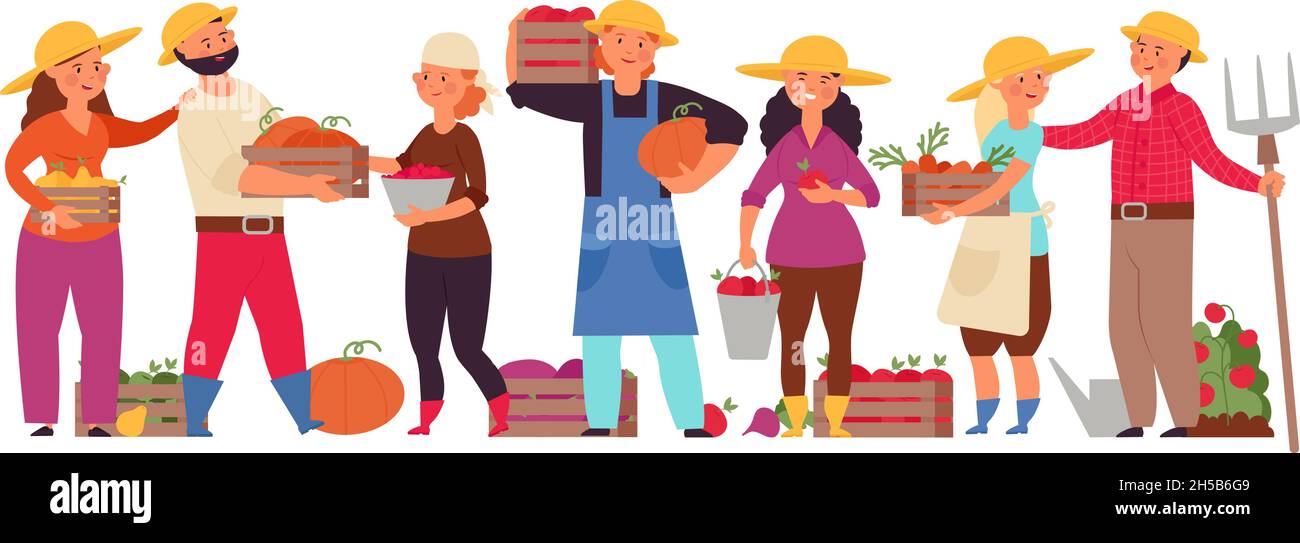 Cartoon farmers group. Farm family working, man woman agricultural ...