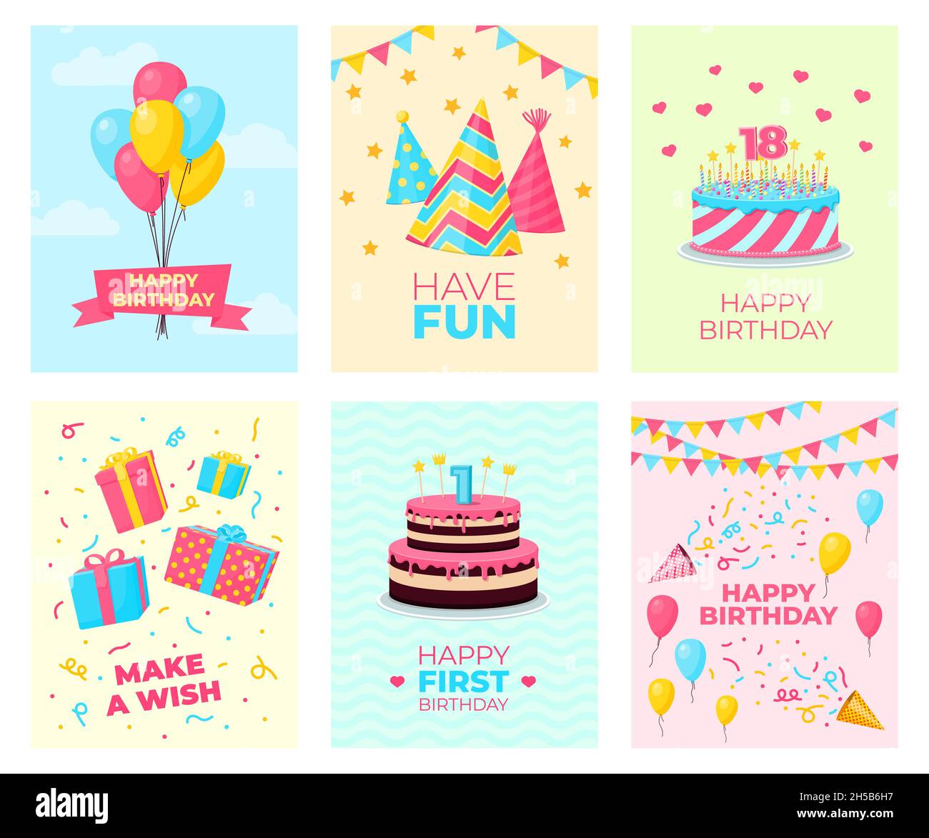 Birthday party cards template. Card design fun celebrate party poster. Invitation with decorations cartoon cupcake and presents recent vector set Stock Vector Image Art Alamy