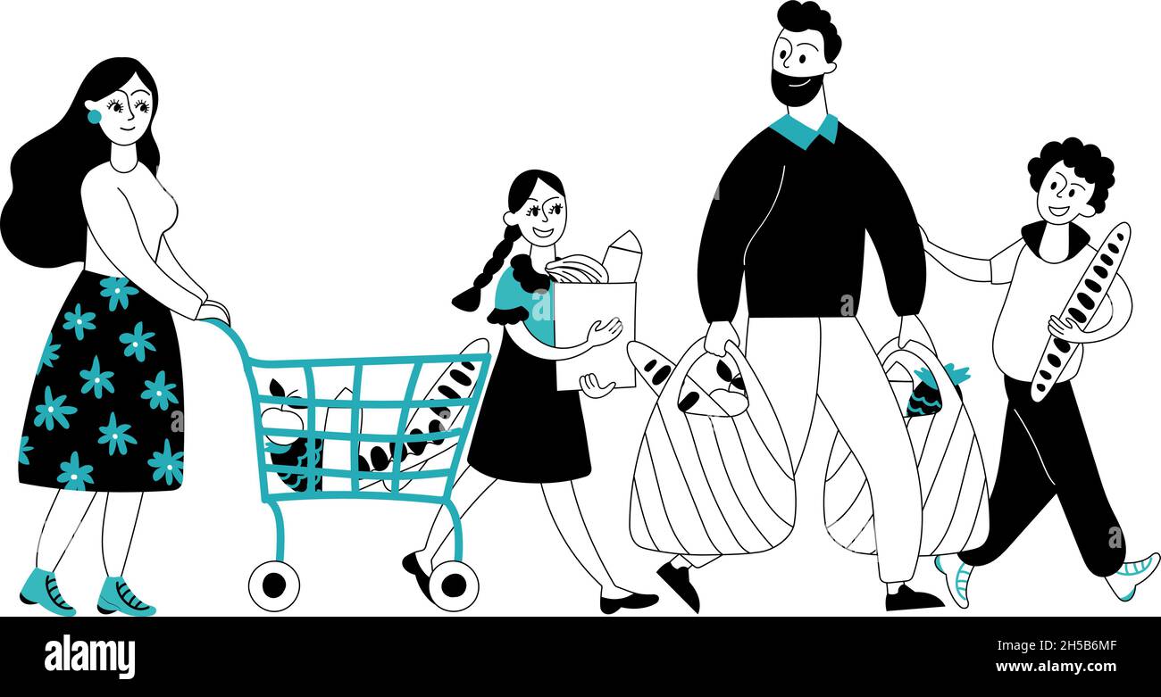 Family on shopping. Shop market, people buying in retail stores ...