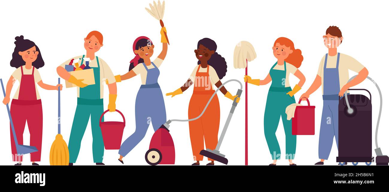 Cleaning team. Person in uniform, flat woman cleaner with bucket ...