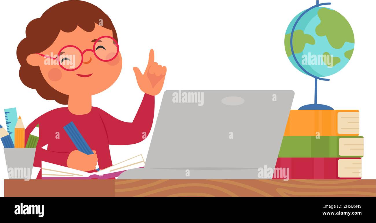 Online education. School work, boy learn computer or studying in ...