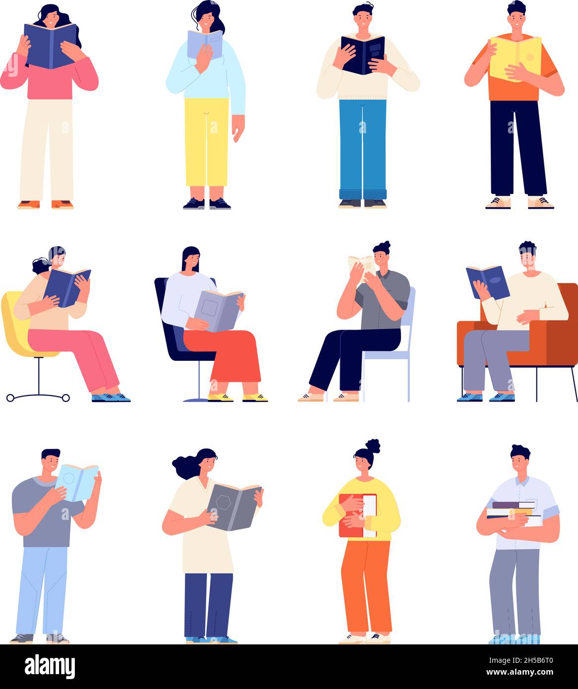 People reading books characters. Cartoon girl book read, student group ...