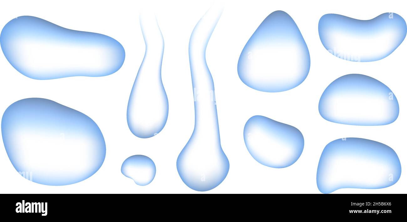 Diverse simple water shapes. Abstract blue drops, floating and falling ...
