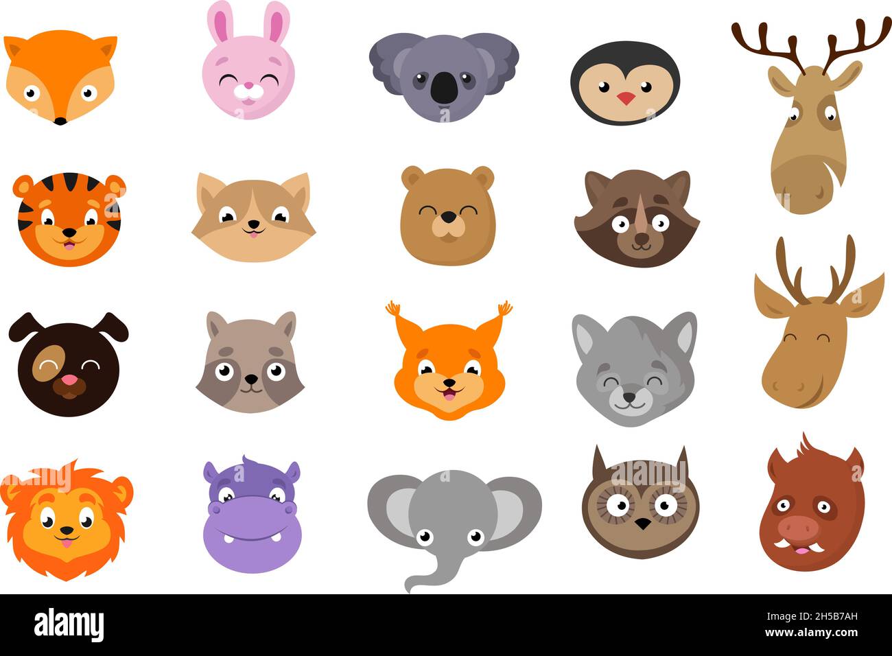 Cute animal avatars. Animals heads, exotic wild lion koala hippo. Baby ...