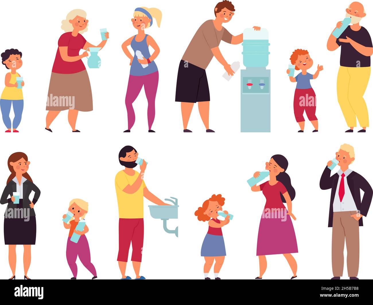 People drinking water. Teens drink, healthy lifestyle characters. Girl ...