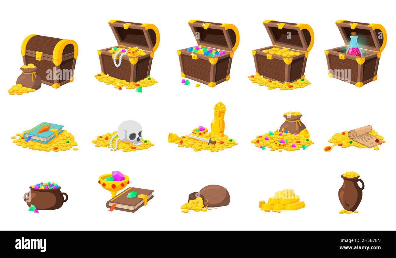 Riches and treasure. Gold treasures, golden coins pile. Gaming crystal ...