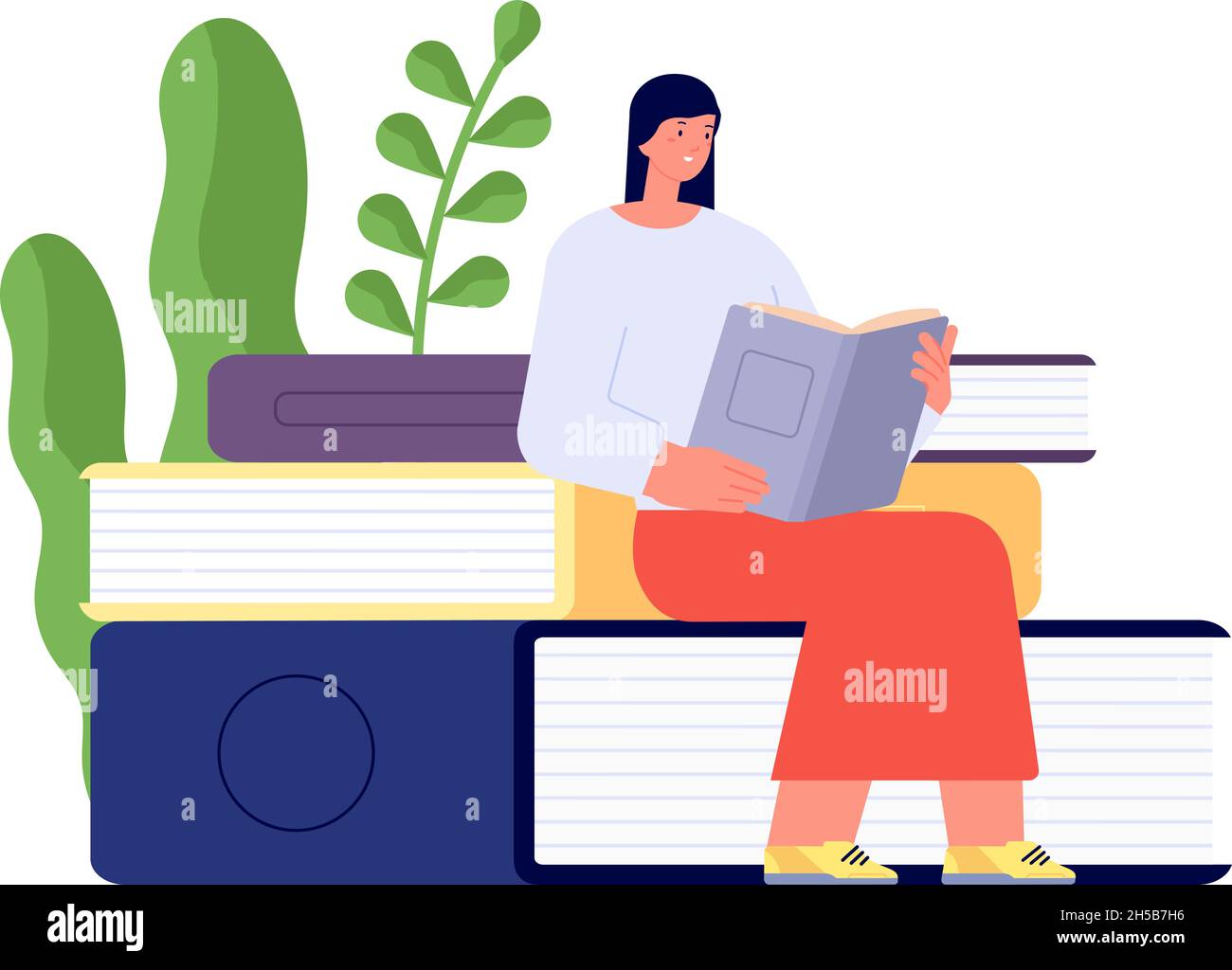 Reading book concept. Girl holding books, female sits on textbooks pile ...