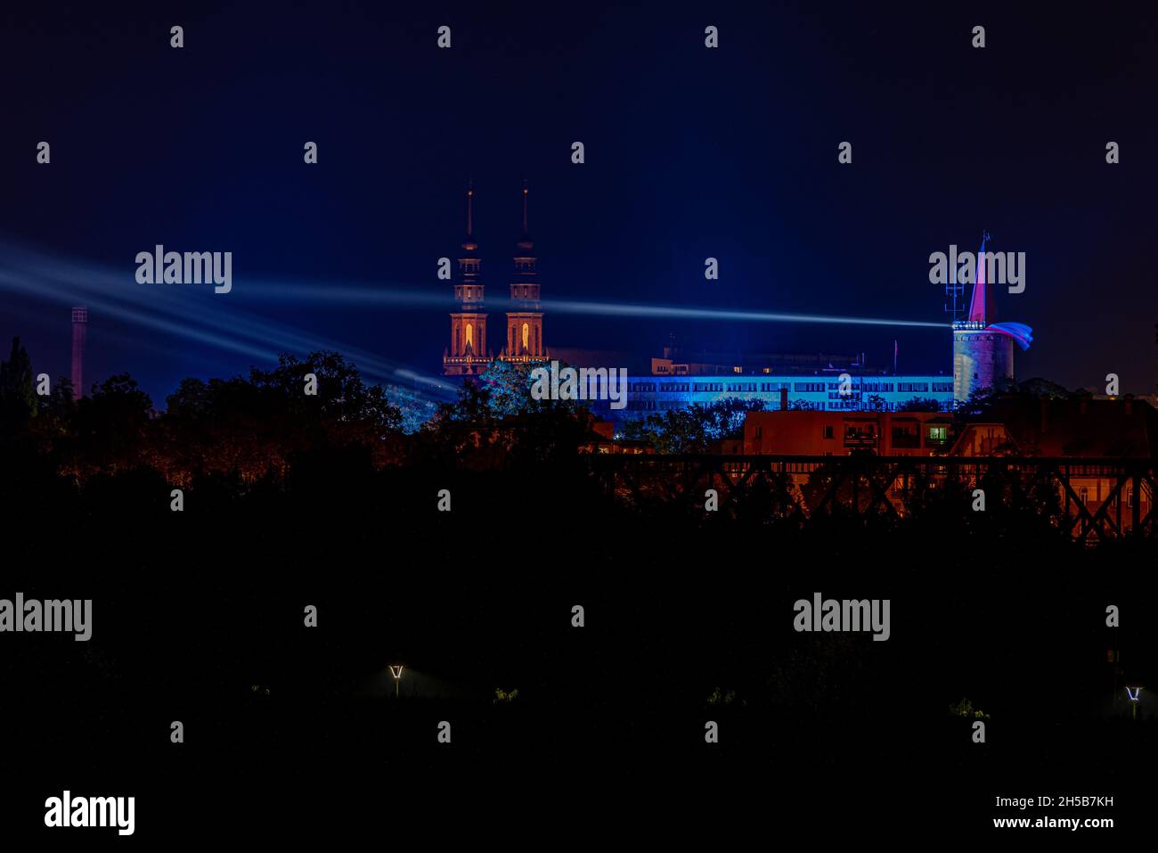 Towers of Opole Cathedral at night during a song festival Stock Photo ...