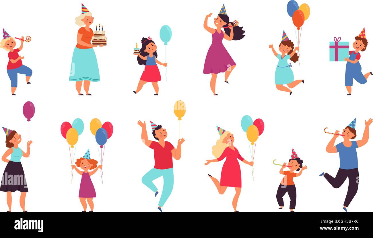 Kids birthday characters. Fun children, holiday cake and cartoon funny ...