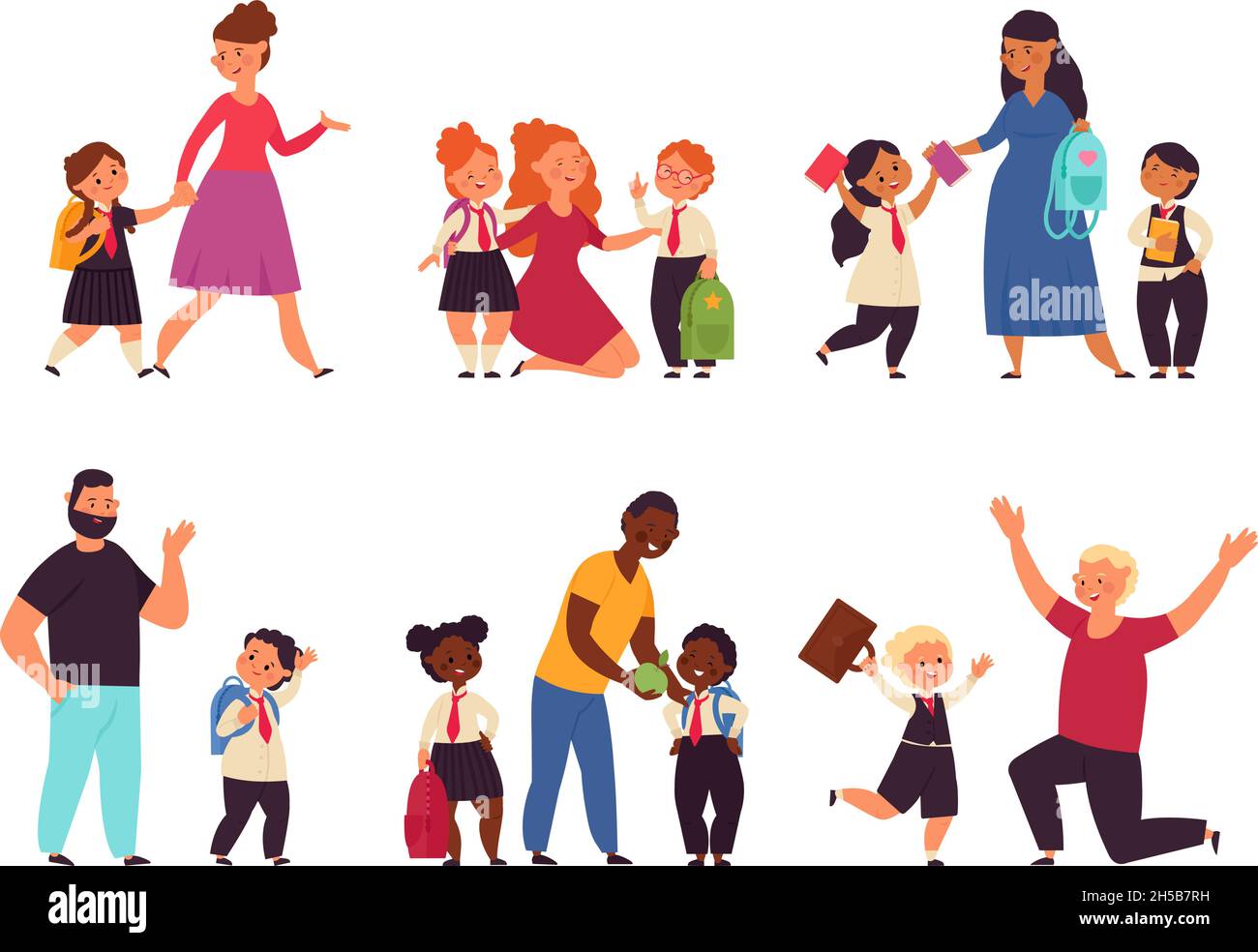 Kids go to school. Students parents, child with backpack and young ...