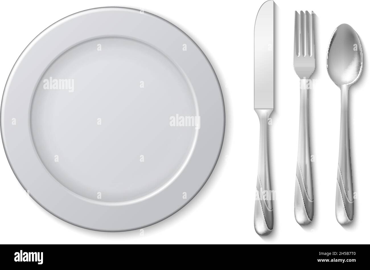 Isolated plate knife fork. Cutlery on napkin, serving table. Restaurant ...