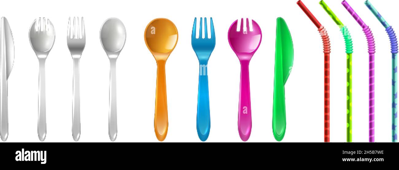 Plastic cutlery and straws. Drink straw, colorful reusable fork knife ...