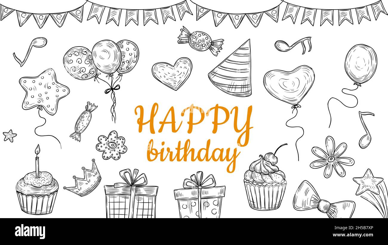 Happy birthday elements. Sketch party banner, festive signs. Balloons ...