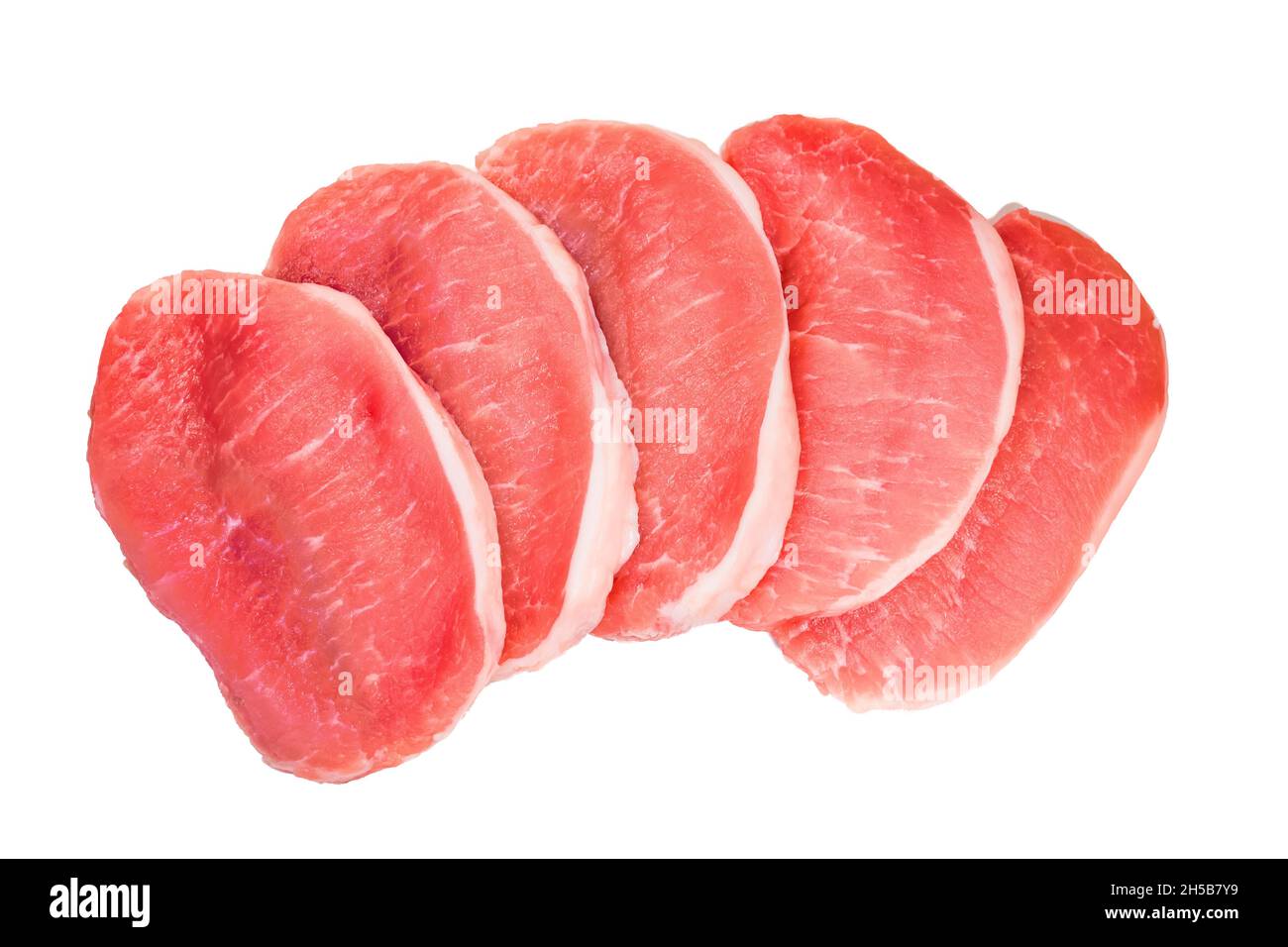 Five pieces of pork meat isolated on white background Stock Photo - Alamy