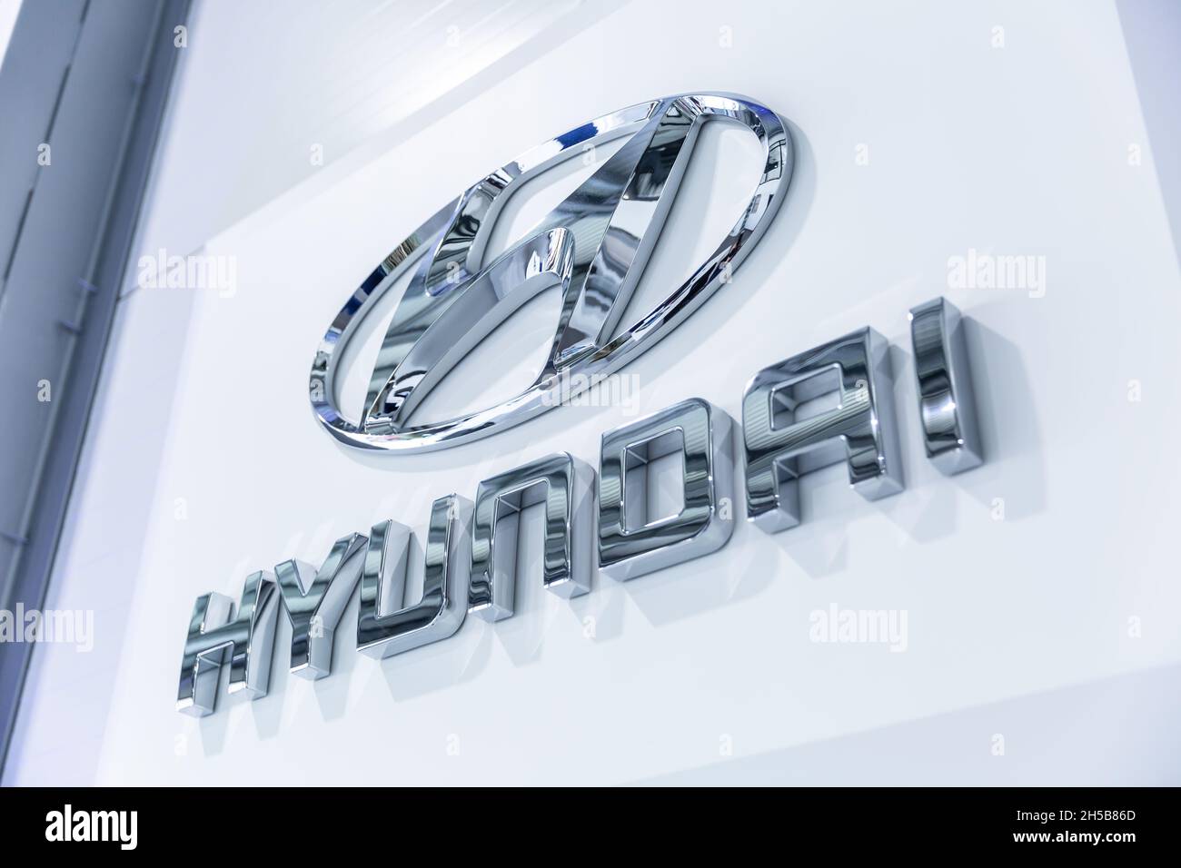 Liptovsky Mikulas Slovakia - 4. November 2021. Hyundai logo in a Korean ...