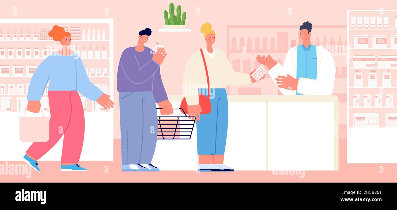 Pharmacy customer. Drug seller at counter, pharmacist consult patient ...