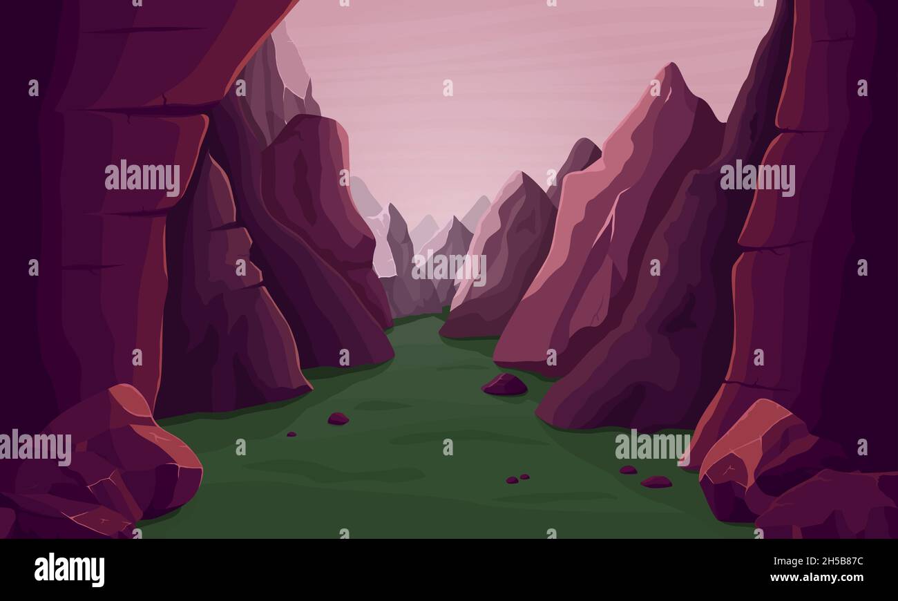 Cartoon mountain landscape. Red canyon, nature adventure in stone park ...
