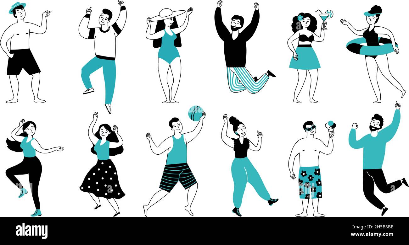 Happy summer people. Funny teens group, cartoon jumping sport person ...