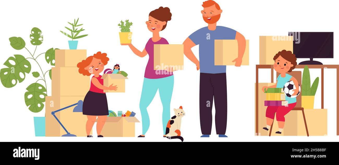 Happy family in new home. Young people move, packaging or cardboard box ...