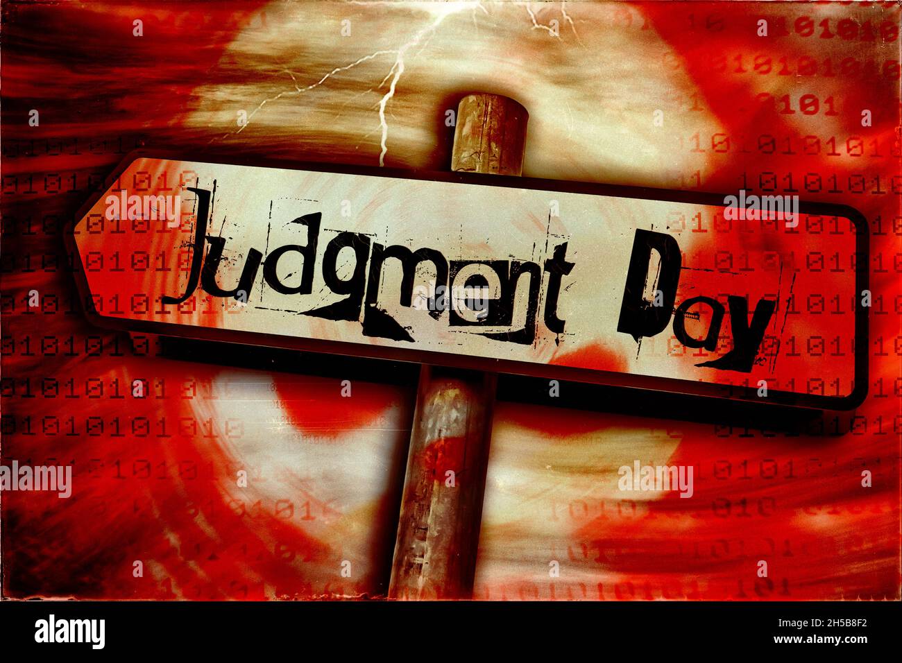 Judgment Day displayed on a Street with flames, Skull and binary code ...