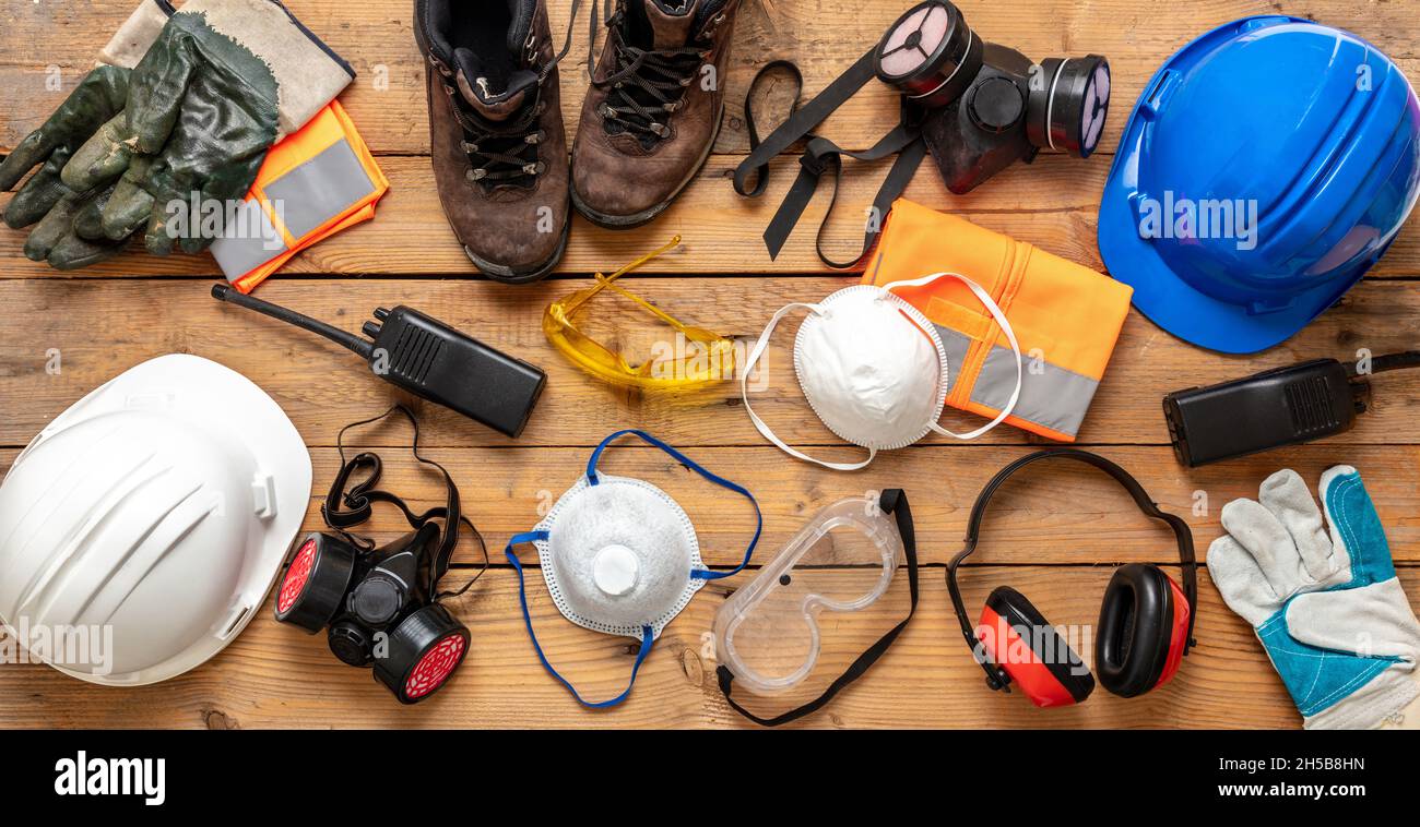 Labor personal protective gear flat lay. Work health and safety for ...