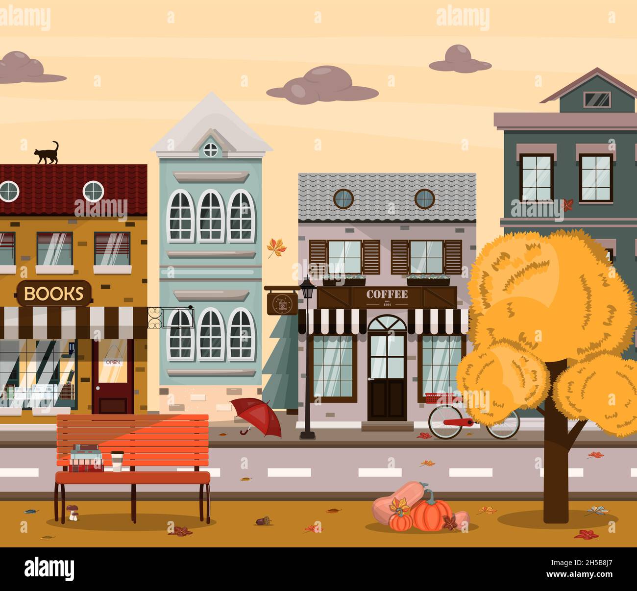 Vector autumn street with houses, bookstore, bakery, coffee shop. Flat ...
