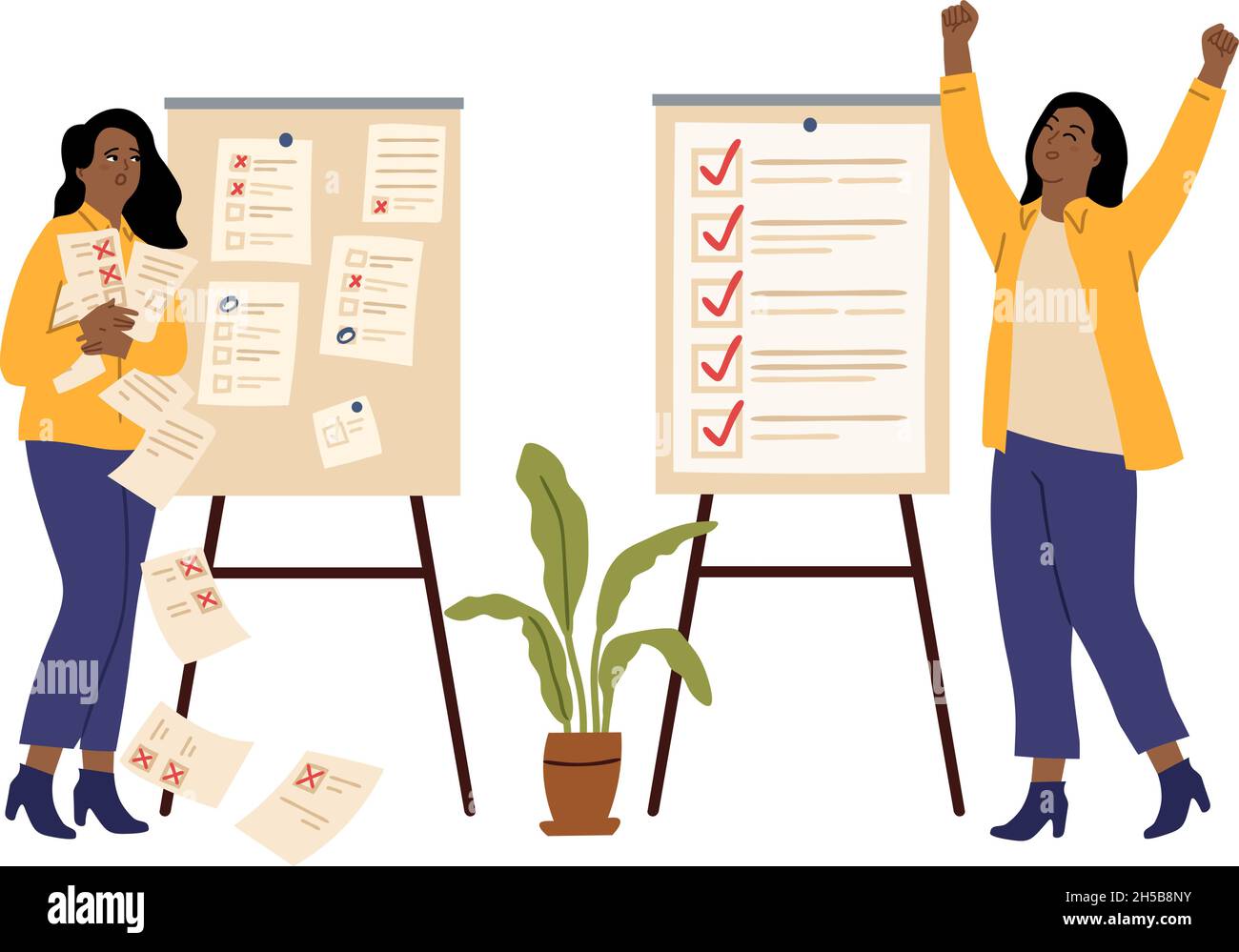 Successful time management. Failed plans or task. Angry and happy women ...