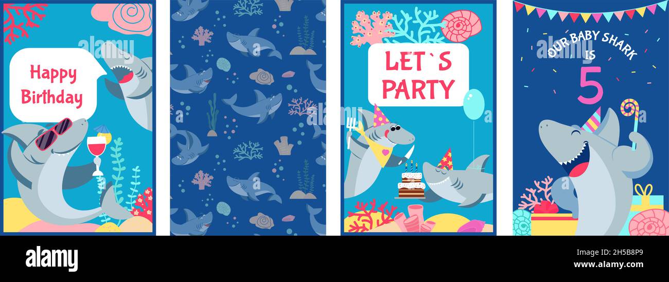Shark cards. Cute character sharks, baby birthday invitation. Childish ...