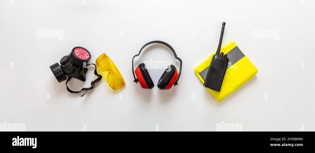 Safety health gear. Work wear noise and gas protection isolated on ...