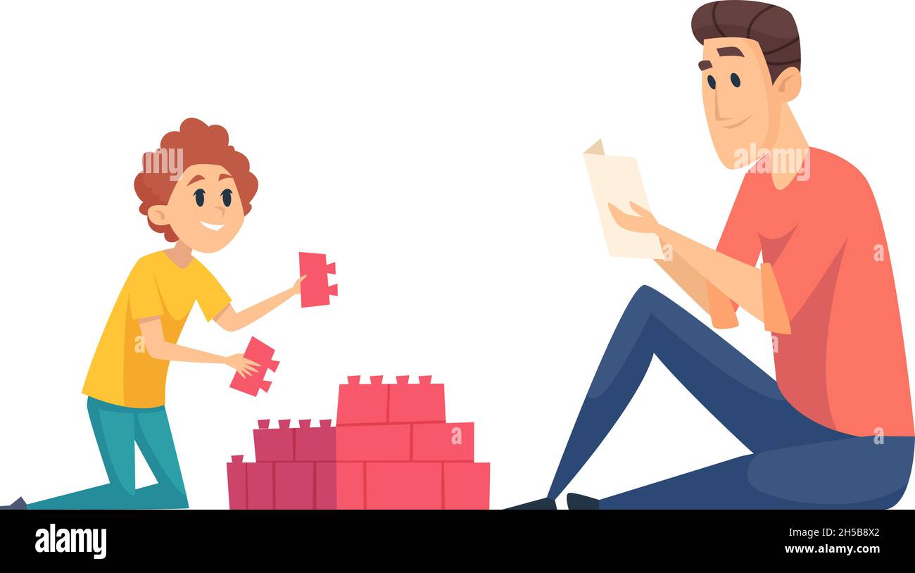 Father and son. Man play with boy, people assemble constructor ...