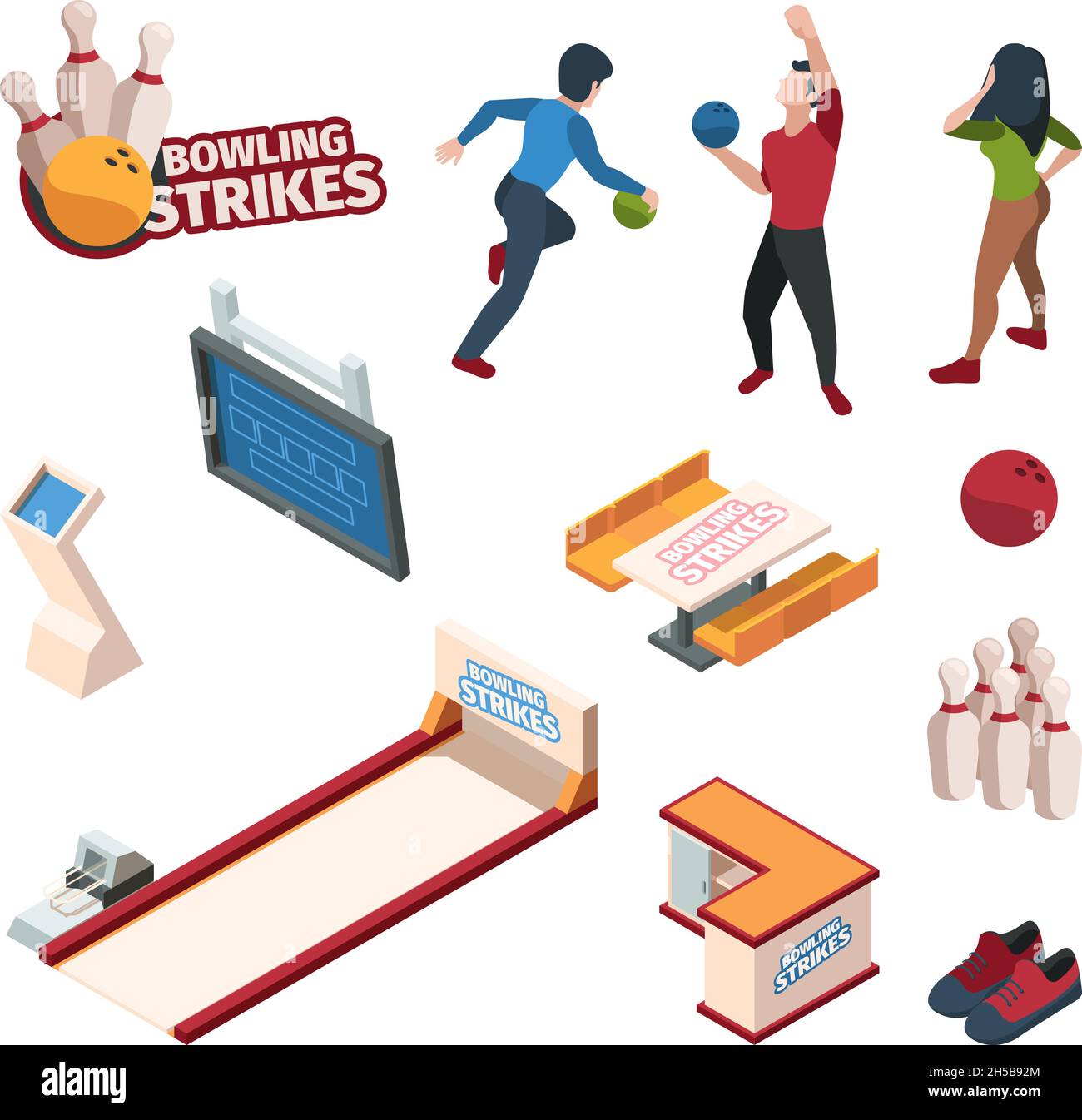 Bowling sport. Isometric balls skittles game specific shoes floor for ...