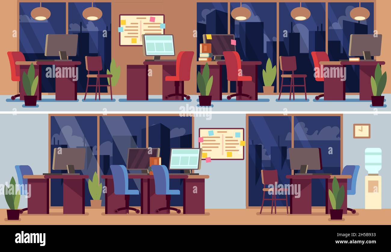 Empty office interior. Night business interiors, coworking zone or ...